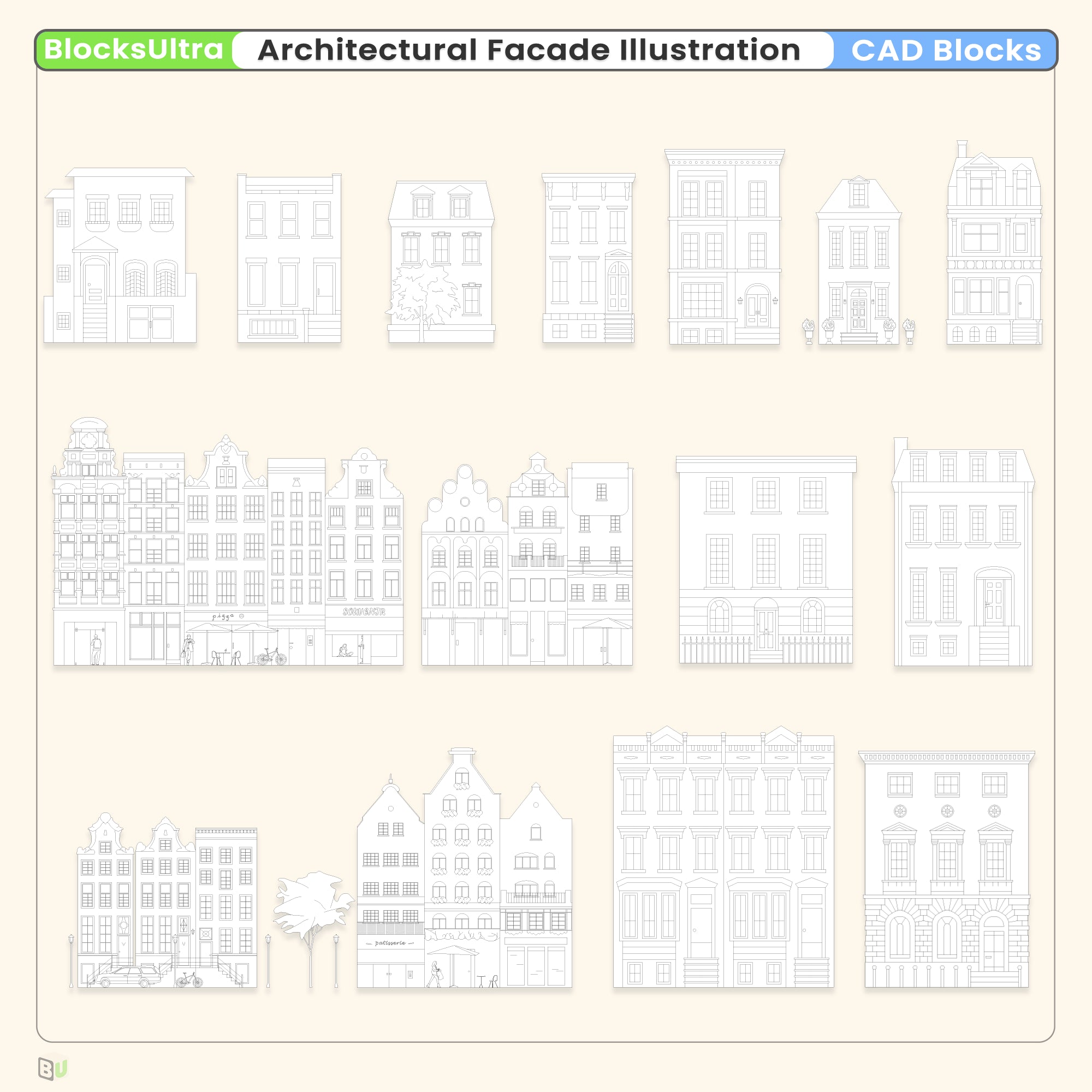 Architectural Facade Illustration CAD – Urban Building Elevations ...