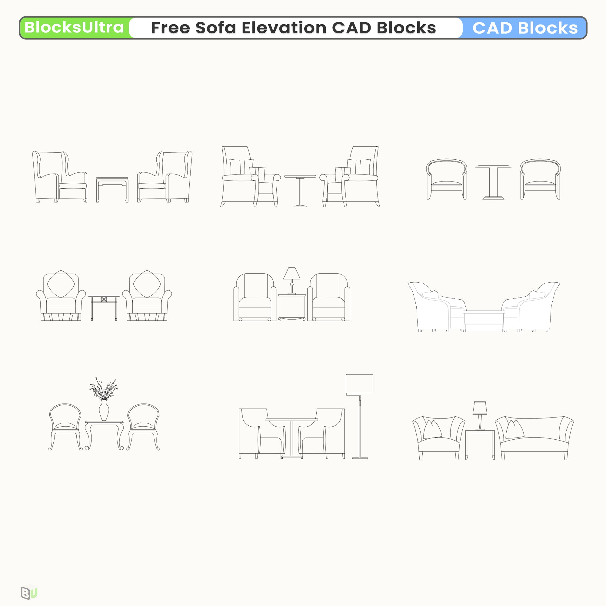Free Lobby Sofa Elevation CAD Blocks — 9 Seating Symbols – Blocks Ultra