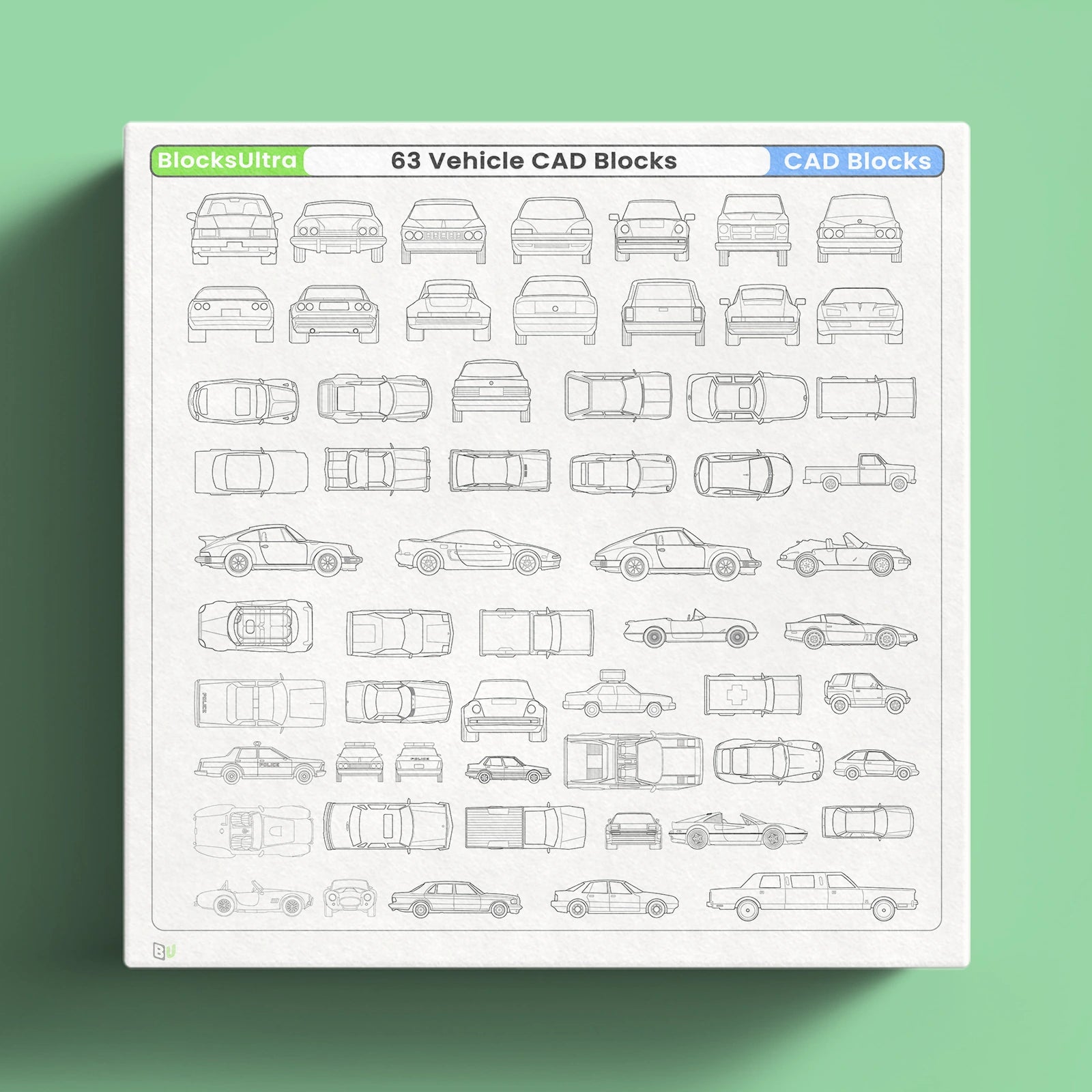 63 Vehicle CAD Blocks – Cars, Police, SUVs & Trucks Views – Blocks Ultra